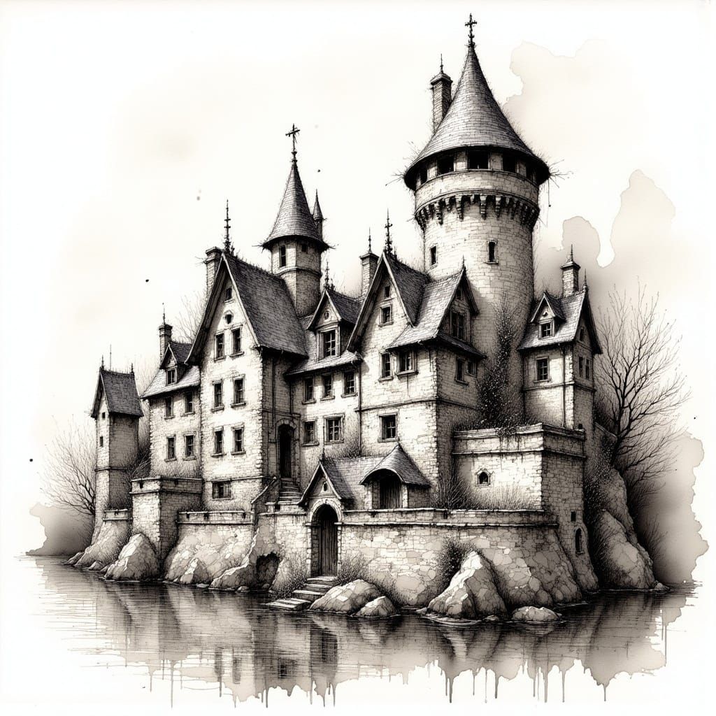 Medieval Castle in Intricate Pen and Ink Drawing - AI Art