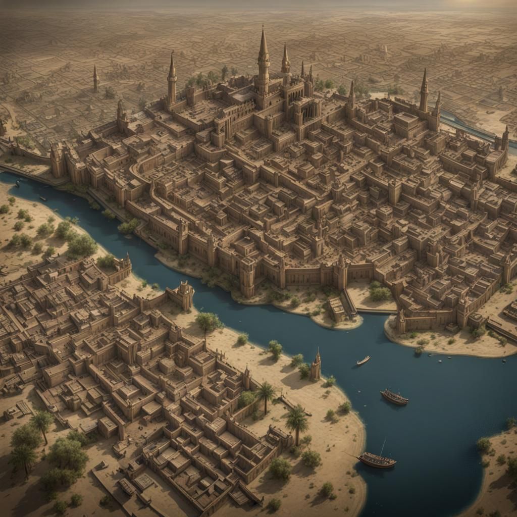 a historical map of Baghdad in the style of a medieval cartographer ...