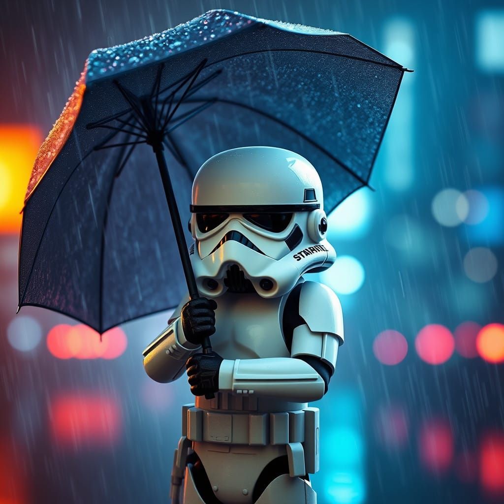 cute adorable stormtrooper holding an umbrella in the rain,