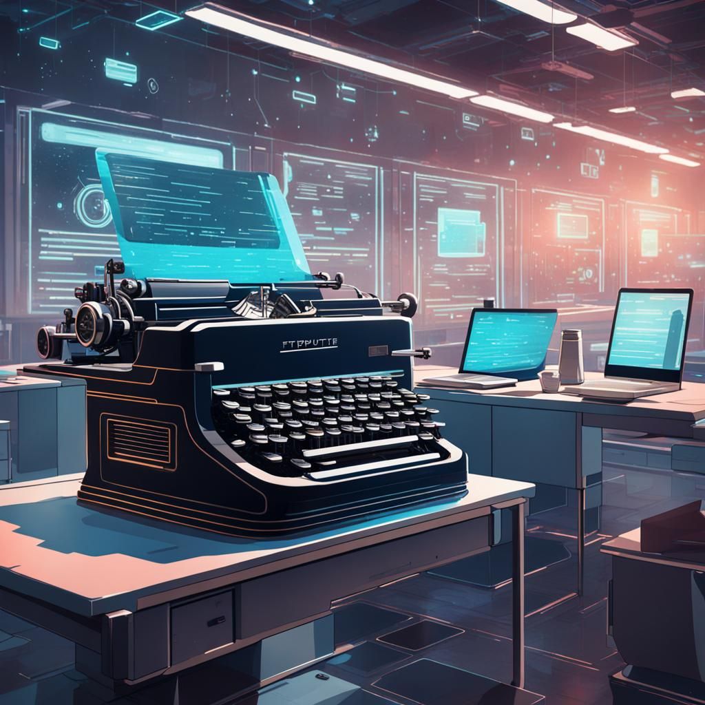 A typewriter in a sci-fi ultra-high tech office of the future with ...