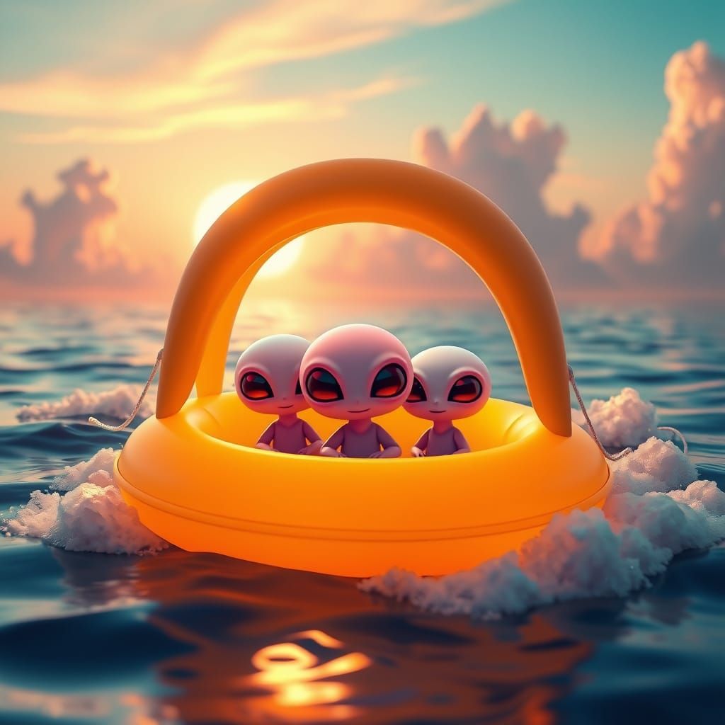 Kawaii Aliens in Vibrant Sunset Life Boat - AI Art