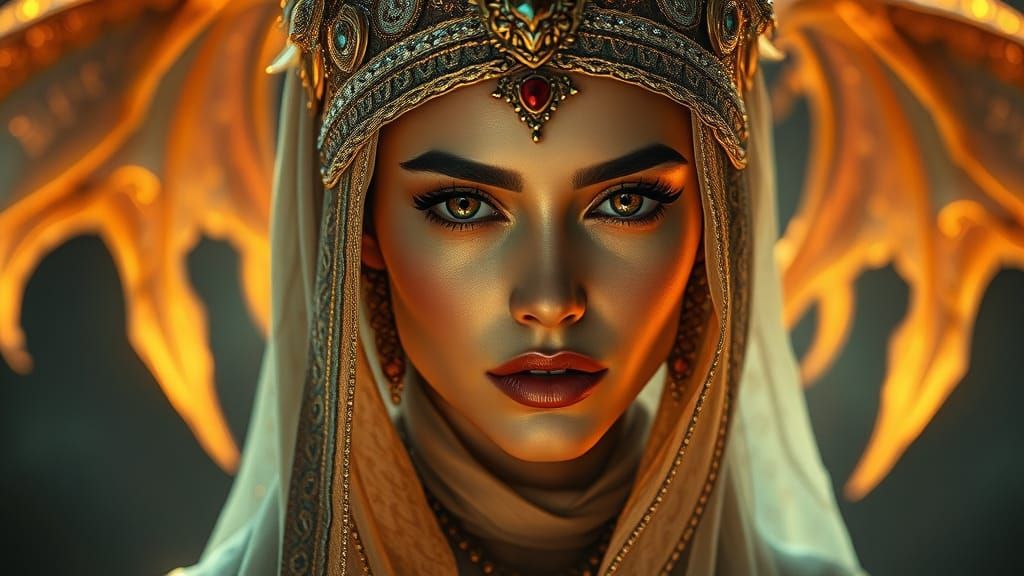 The Queen of Dragons - Majestic Arabic Goddess with Dragon S...