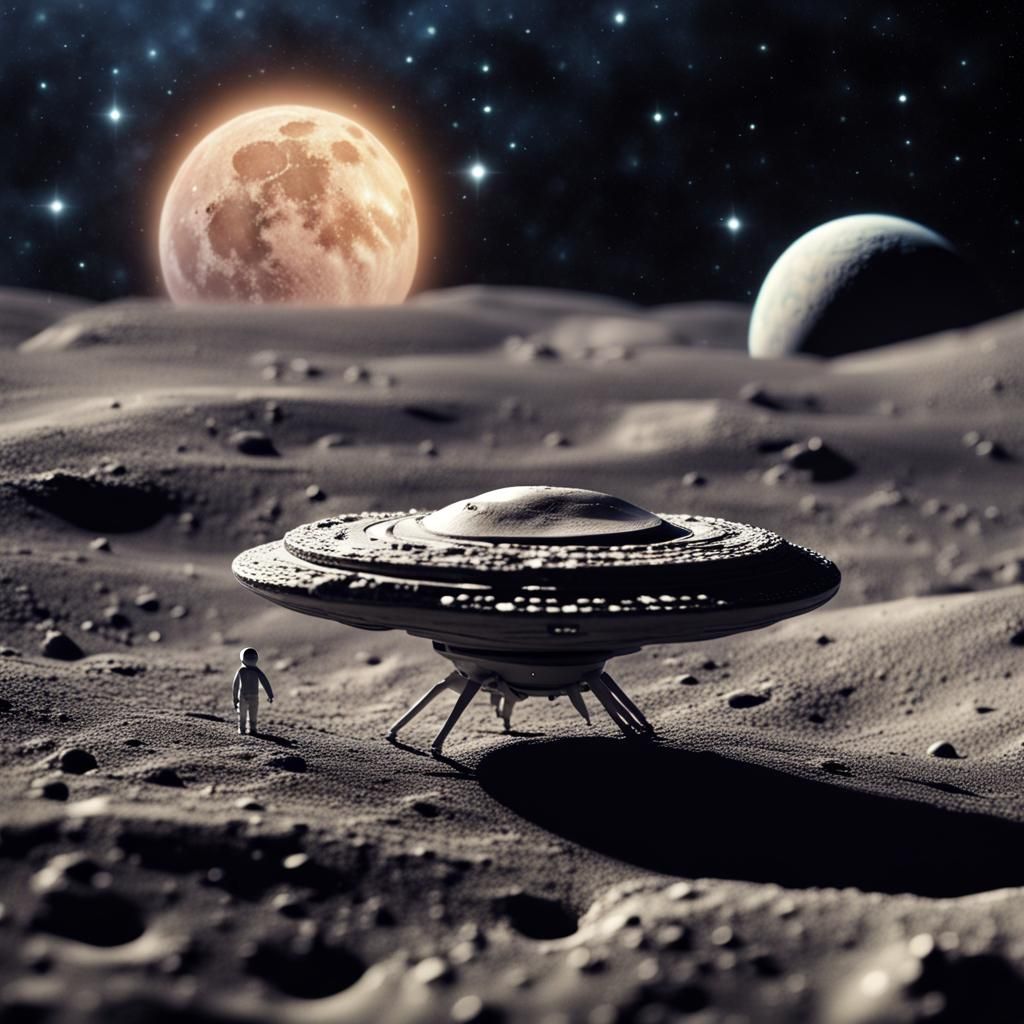 Photograph, Macro, miniature ufo with alien in it on the moon surface ...