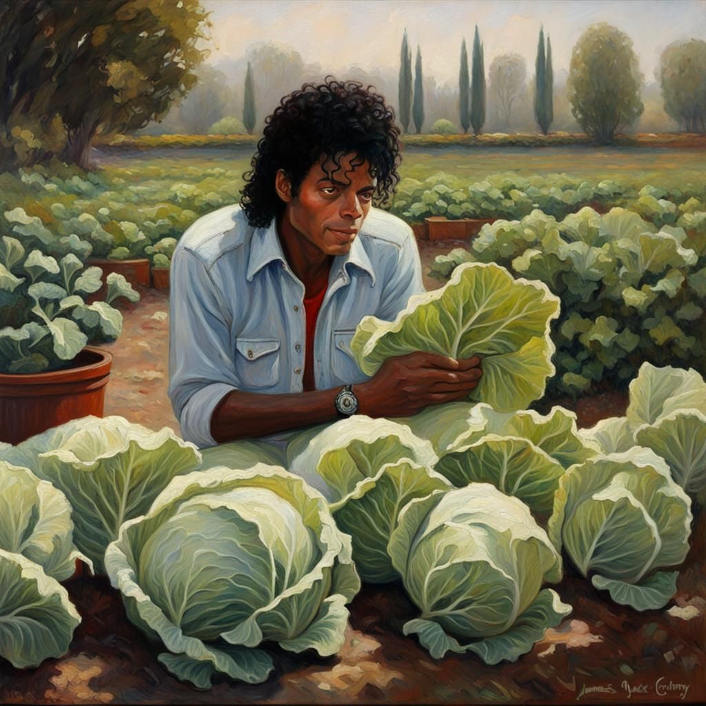 Michael Jackson looking at cabbage plants in a garden - AI Generated Artwork - NightCafe Creator