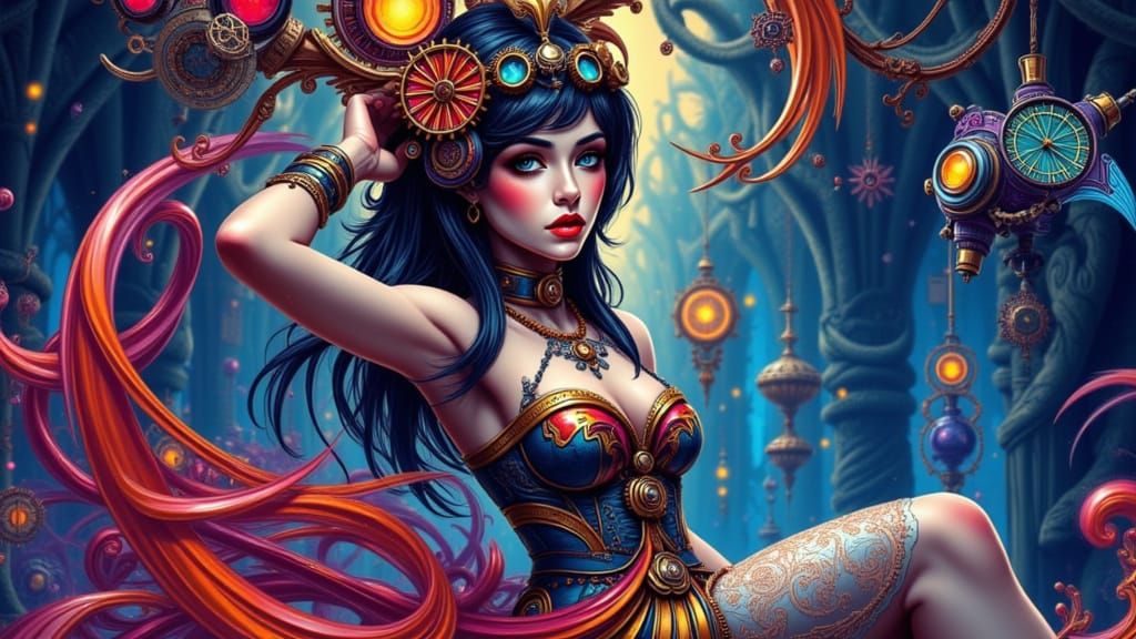 Steampunk Goddess in Neon Art Nouveau Splendor - AI Art
