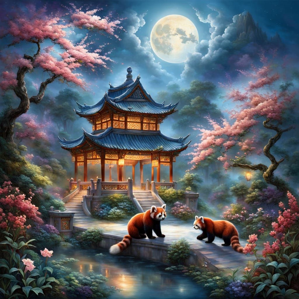 Red Pandas - Ethereal Red Pandas in Asian Garden at Night