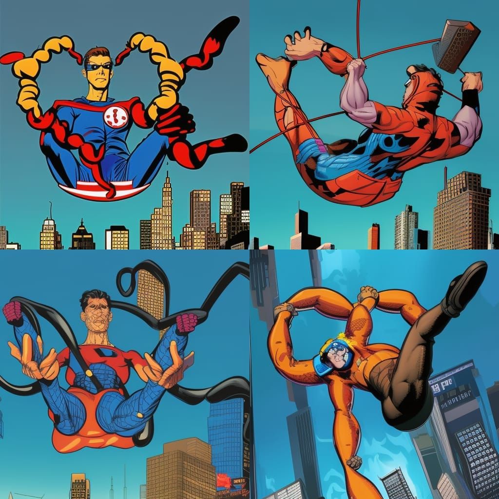 low-canted-angle-view-of-superhero-mascot-Pretzel-Man-flying-over-seedy ...