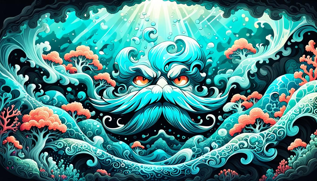 turquoise coral_color, mustache illustration. dark dungeon with bright ...