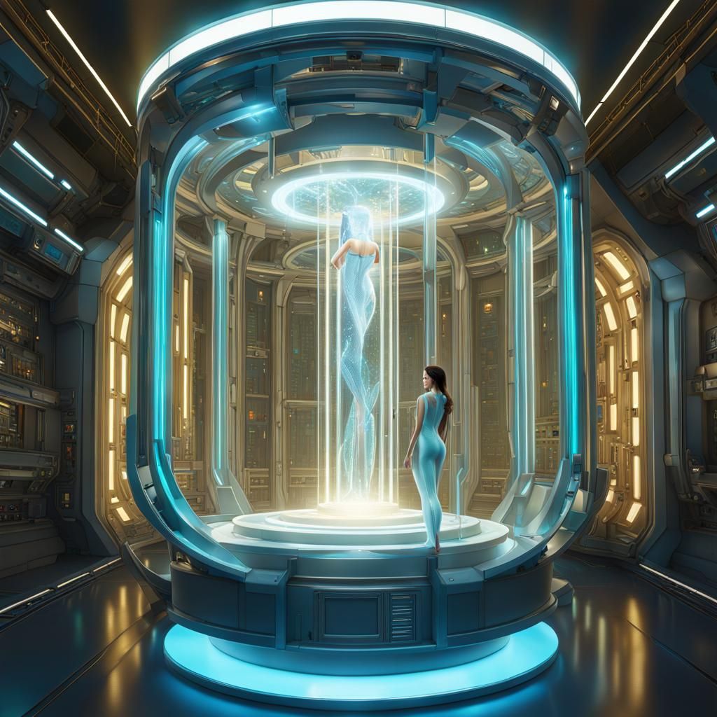 "full length Atlantean hologram profile inside an upright tube chamber in a futuristic hospital ...
