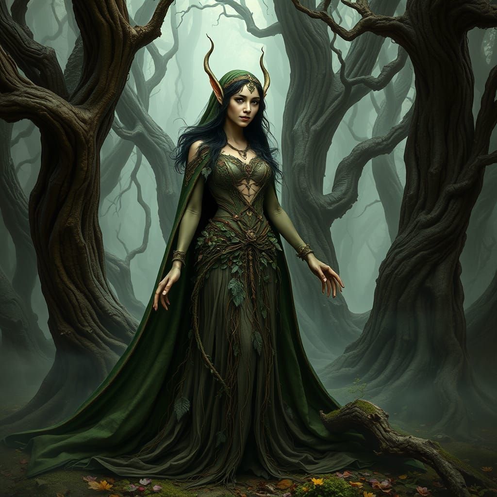 Elegant Elf Druid in Dark Forest Majesty - AI Art