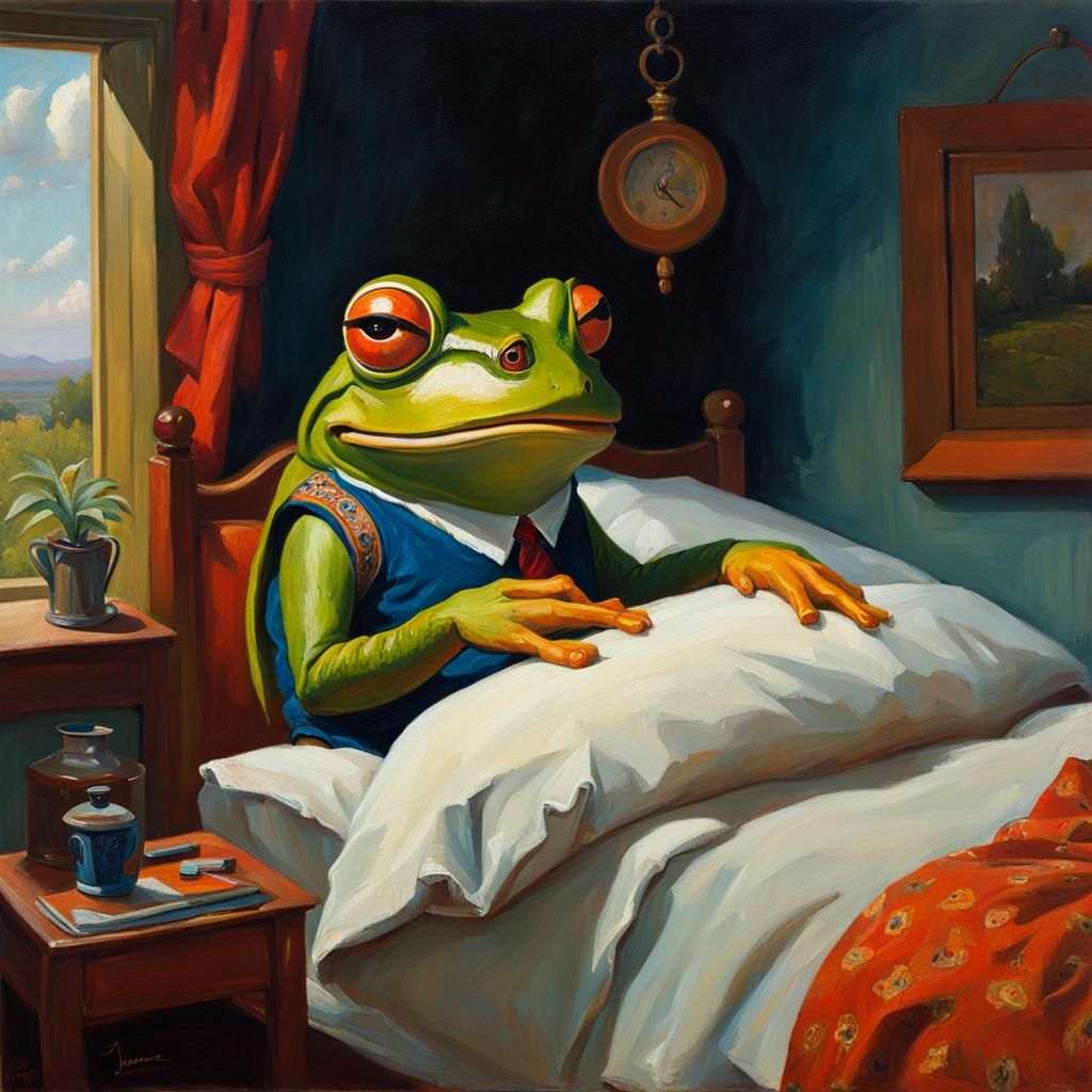 Cartoonish frog man, waking up in bed and daydreaming about his ...