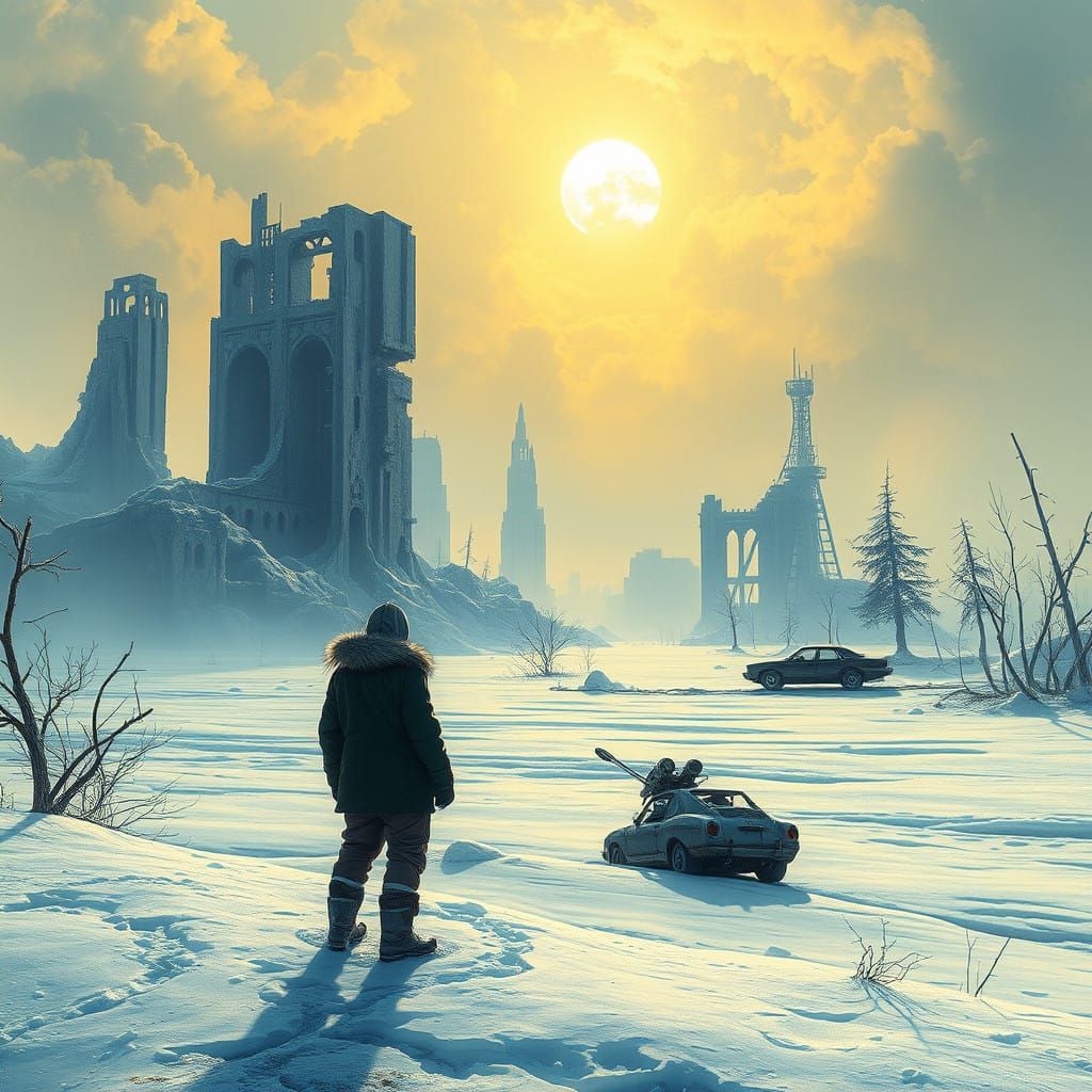 (Focus on digital art and blending):** A post-apocalyptic winter scene ...