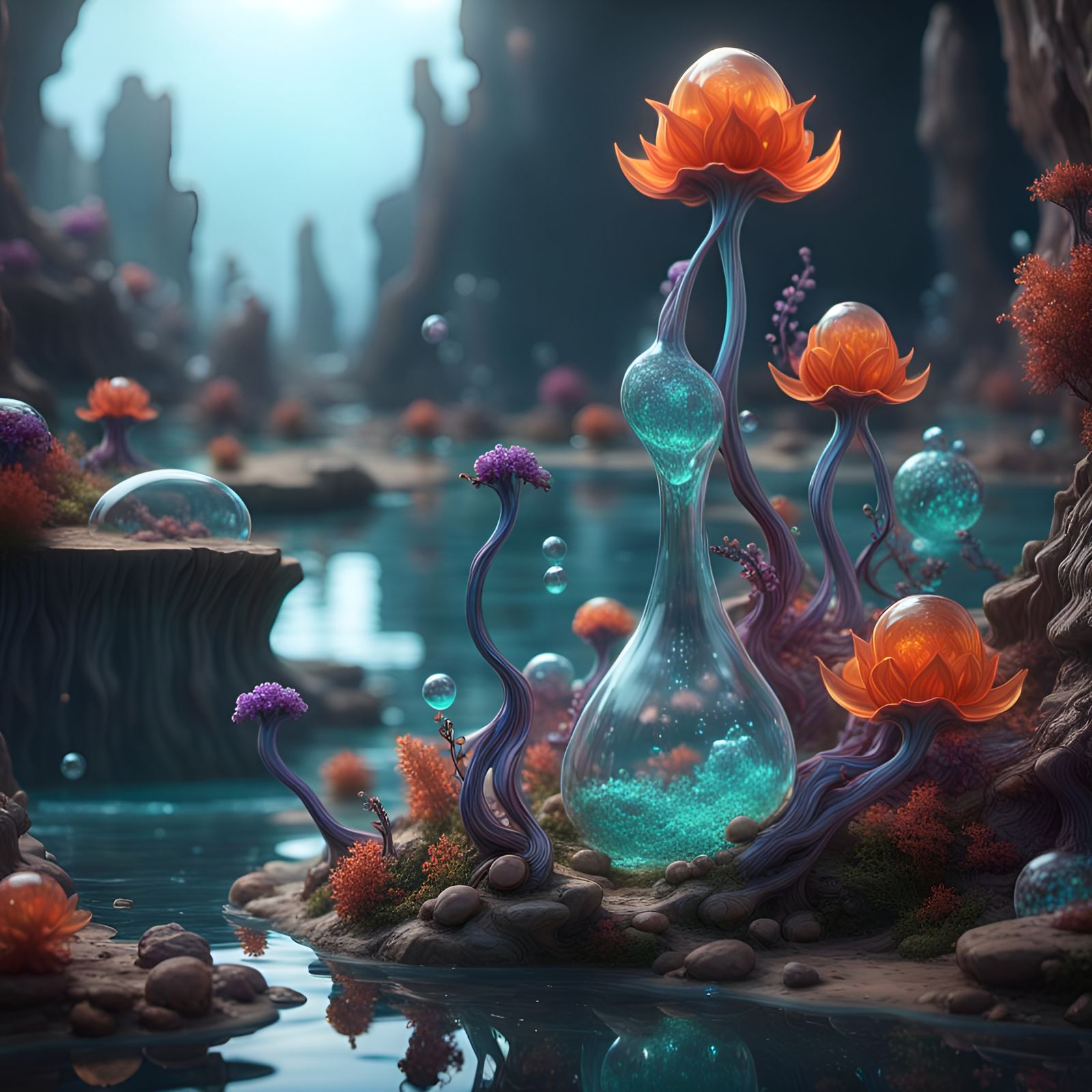 "depth of field 9d cove of beautiful glass amoebas detailed matte painting, deep color ...