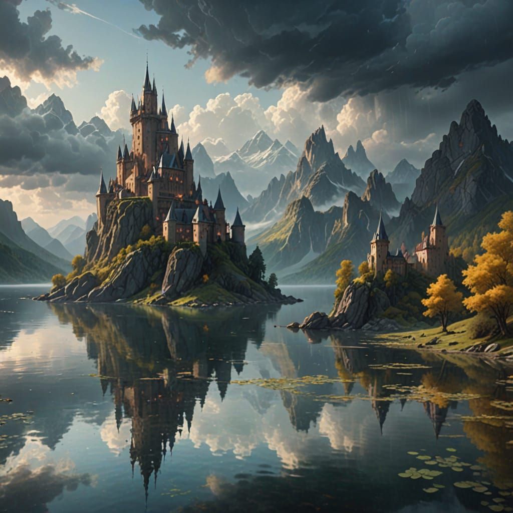 A castle - Ethereal Castle Rises from Serene Lake in Vibrant...