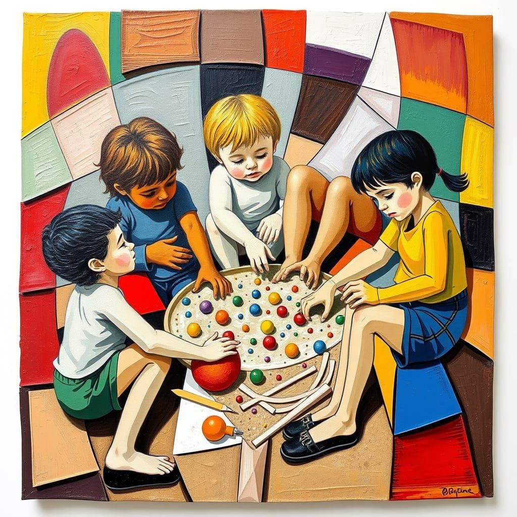 Cubism kids playing sand - Cubist Children at Play in a Vib...
