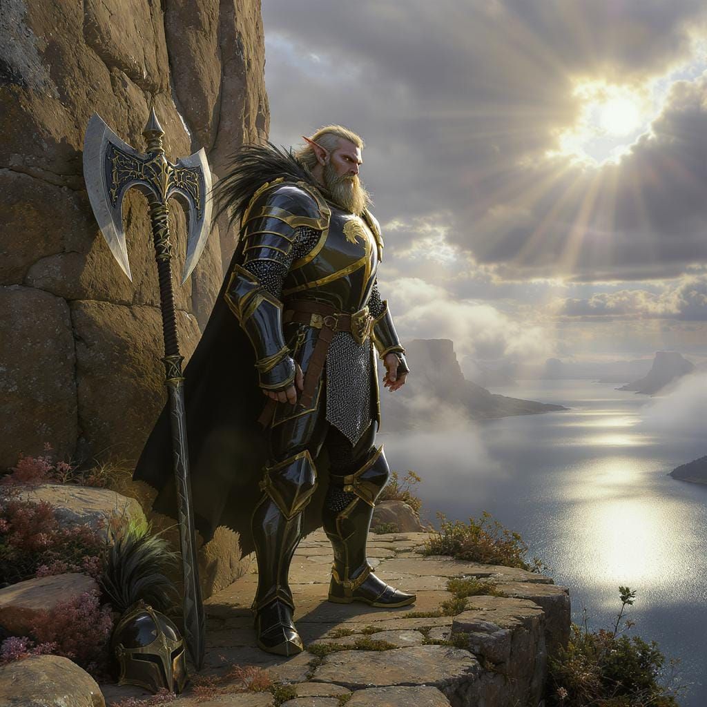 Half-Elf overlooking coastal river - Half-Elf Warrior Overlo...