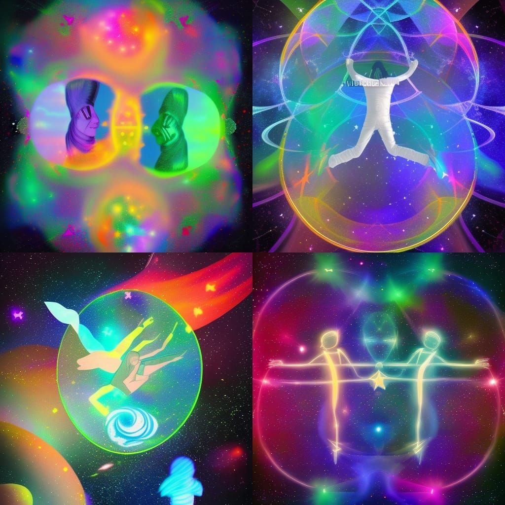 two outlined spirits, floating towards each other vertically, in space ...