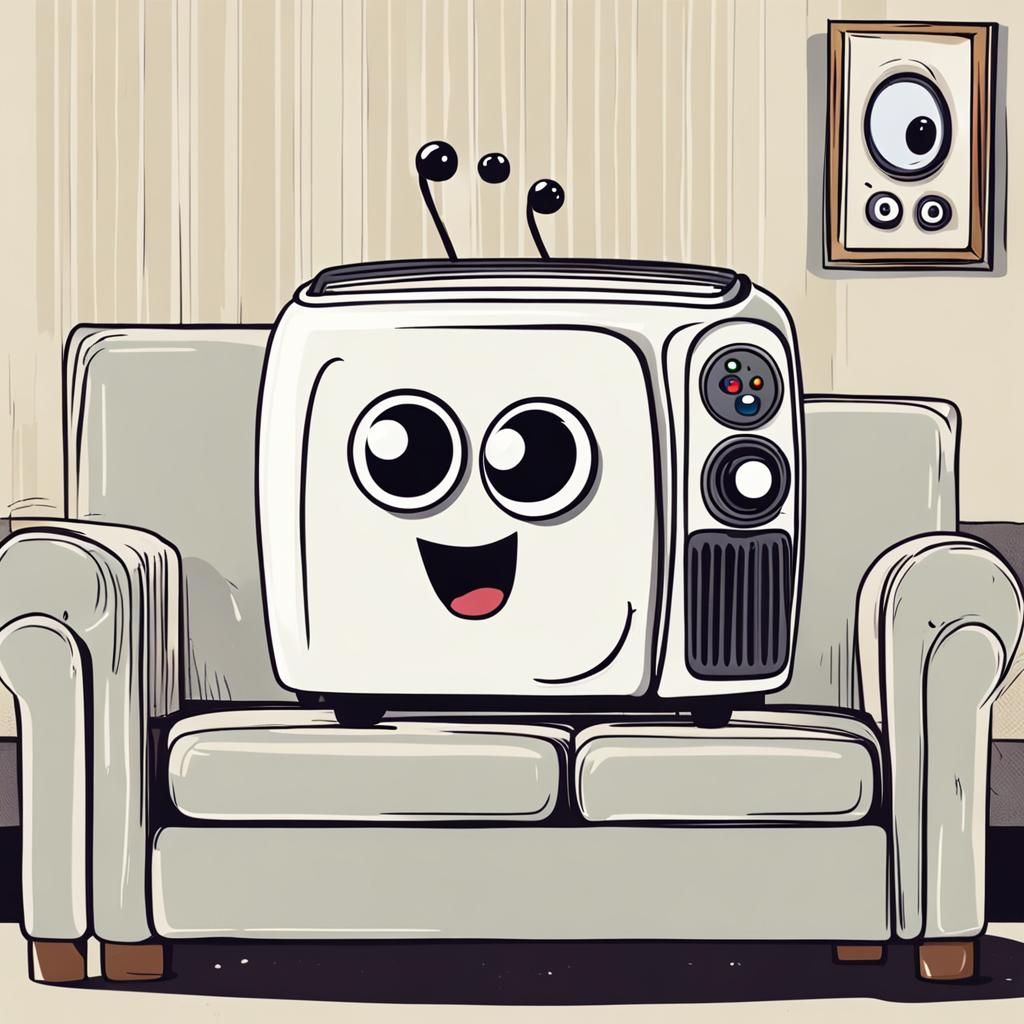 Excited toaster watching a show on TV, sitting on couch, googly eyes ...