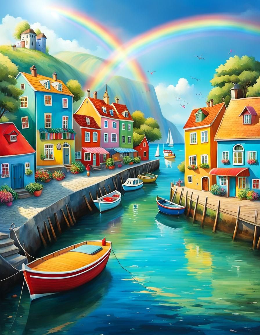 cozy landscape at the sea, sealife, boats, cafes, beautiful little ...