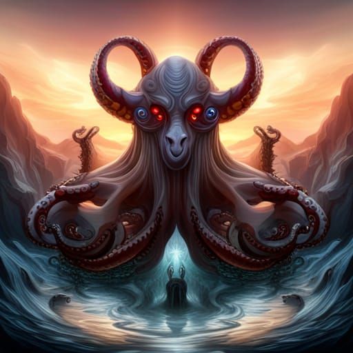 octopus, eight legs, goat head shaped body. red eyes and two horns ...