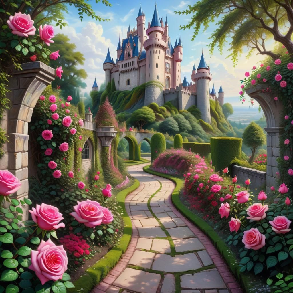 Beautiful Rose Garden Path leading to a Majestic Castle - AI Generated ...