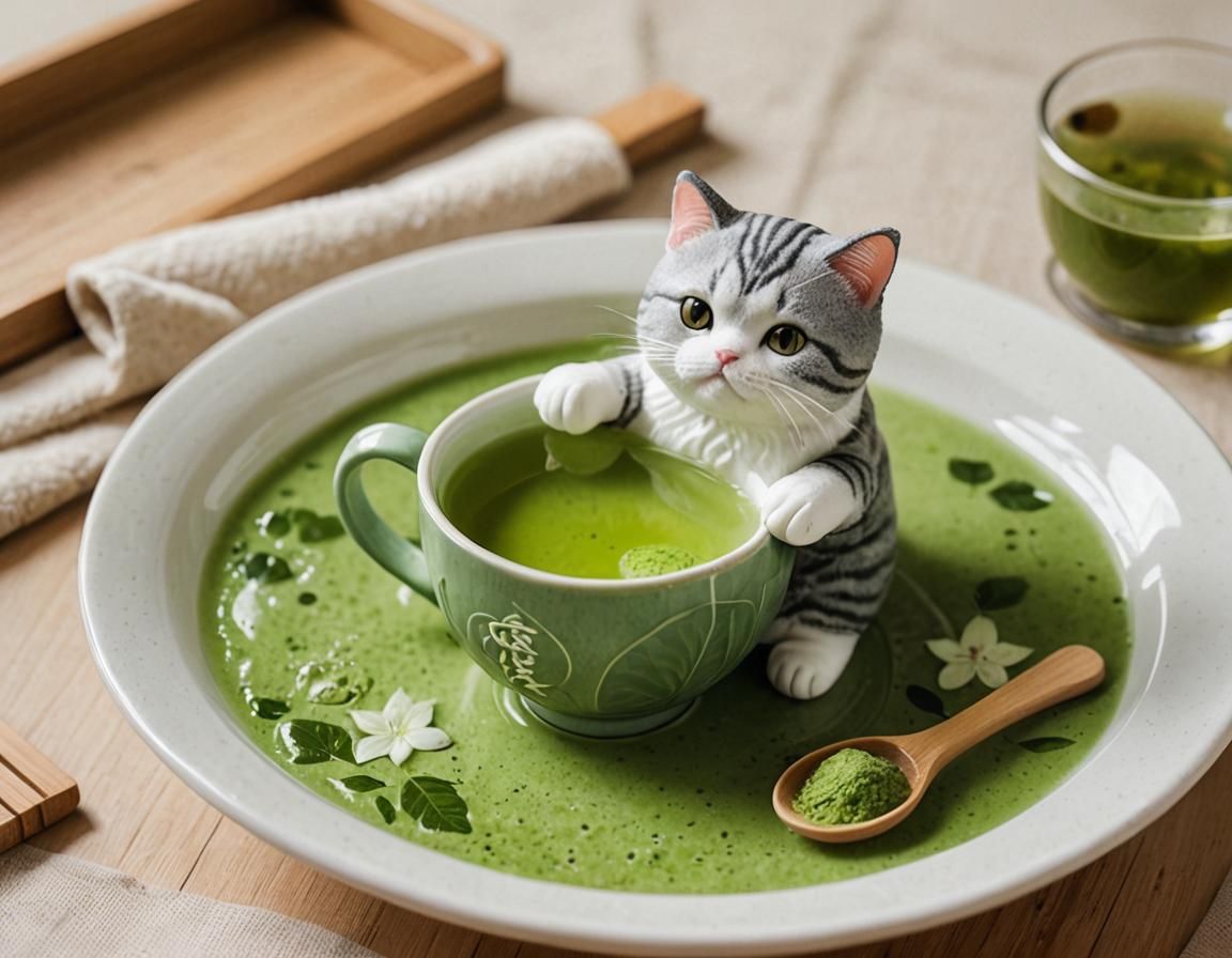 cup, cute cat, green tea, bath, matcha - AI Generated Artwork ...