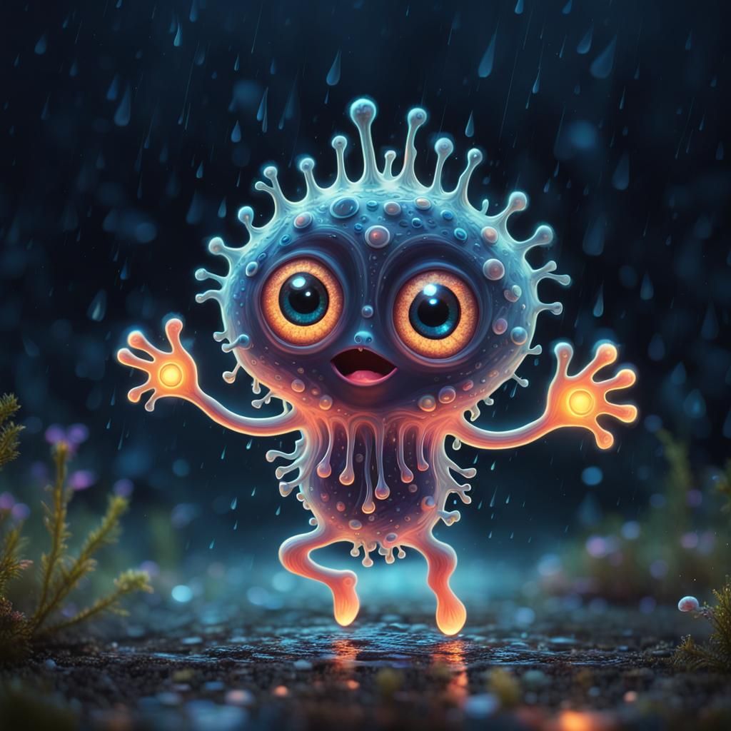 Cute tiny amoeba dancing under night rain - AI Generated Artwork ...