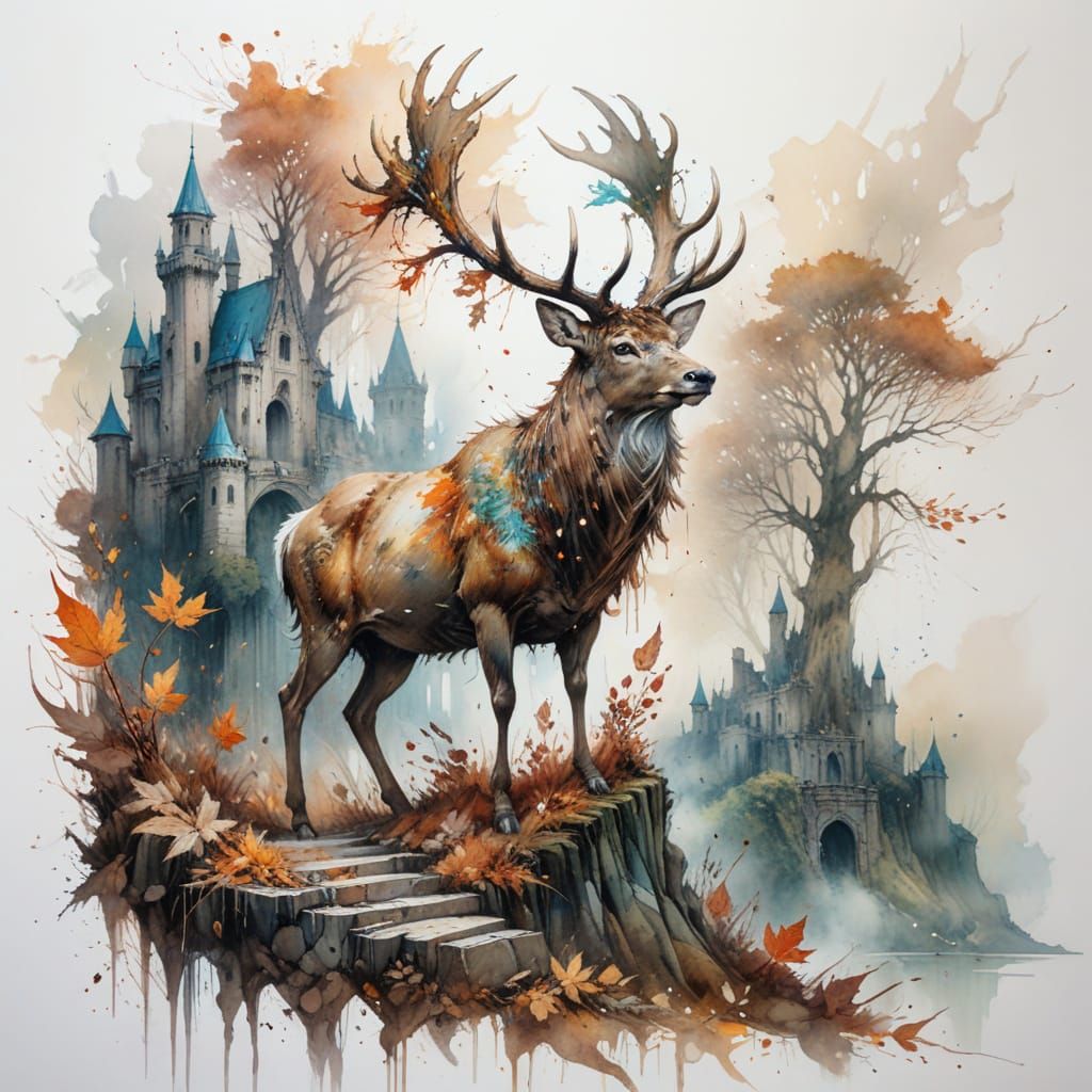 Ancient Castle Amidst Autumn Ruins with Majestic S... - AI Art