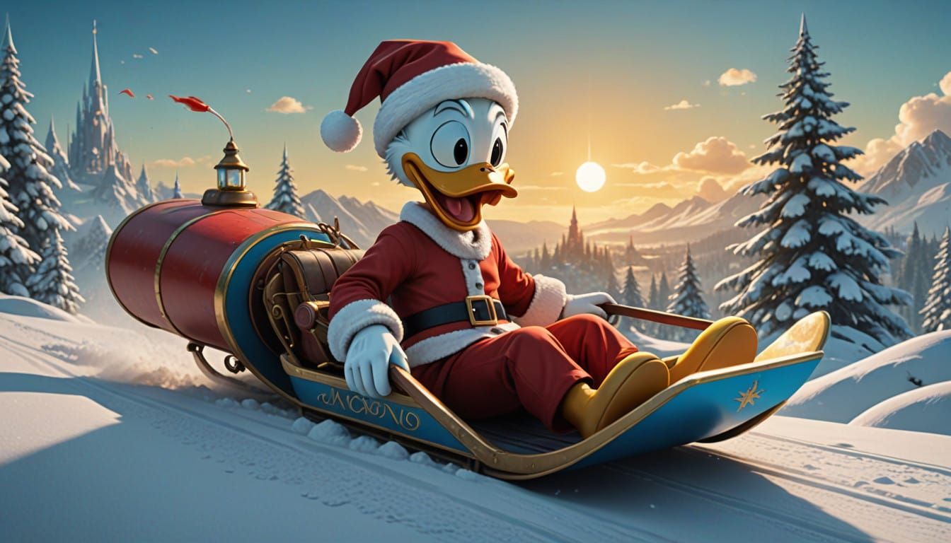 Donald Duck as Santa Claus in a sled