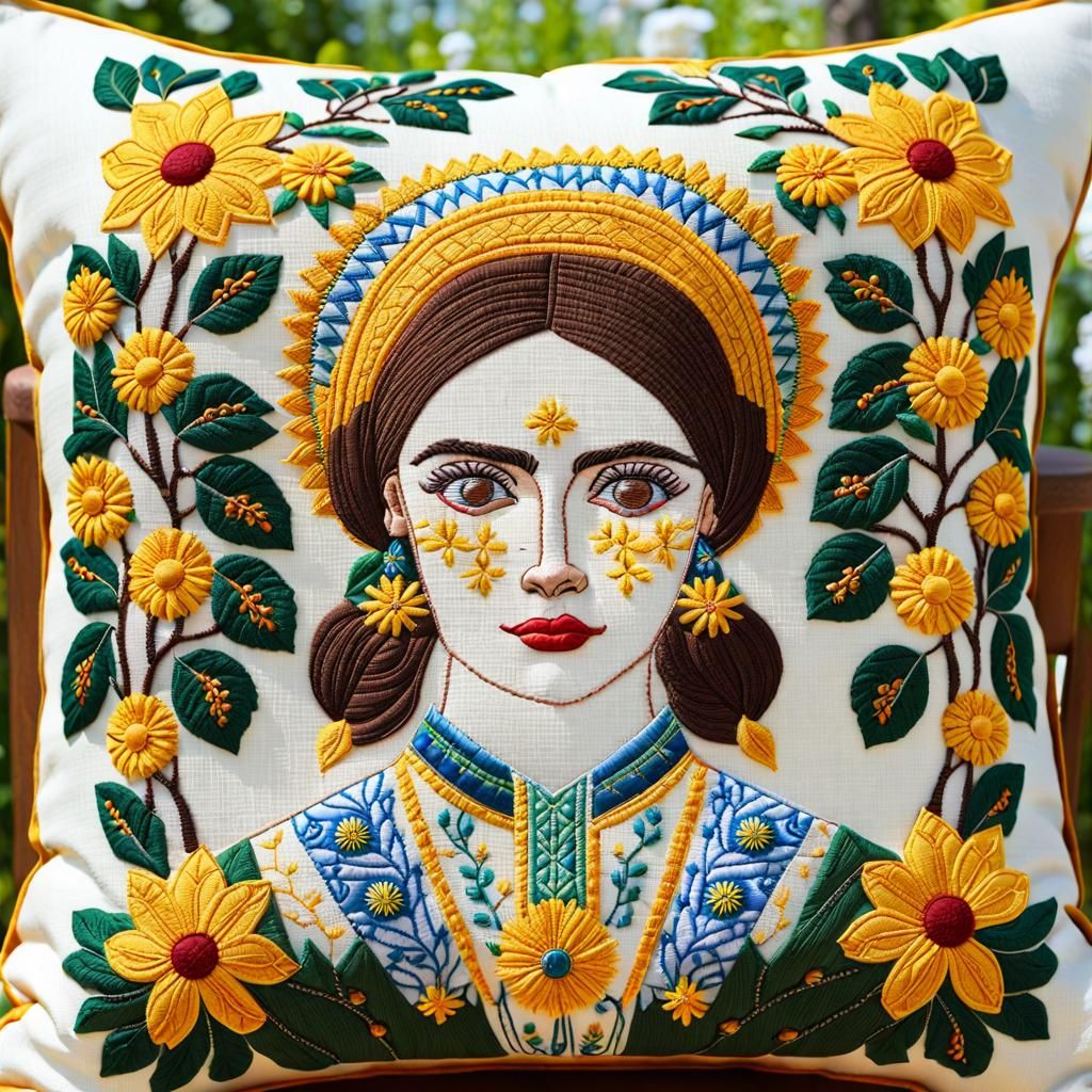 Ukrainian Embroidered Pillow with Woman and Sunflower Vinok - AI ...