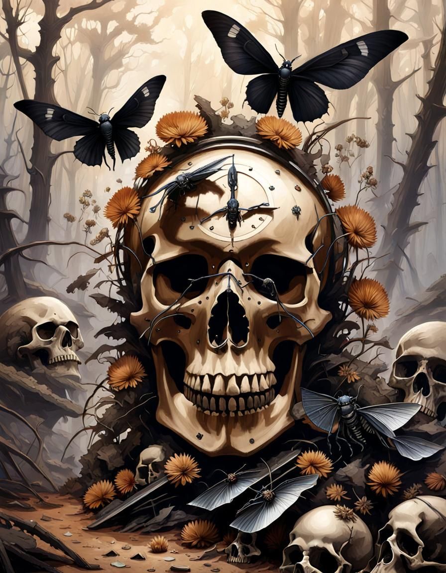 (macabre dark fantasy art of black moths on a skull overgrown with sick ...