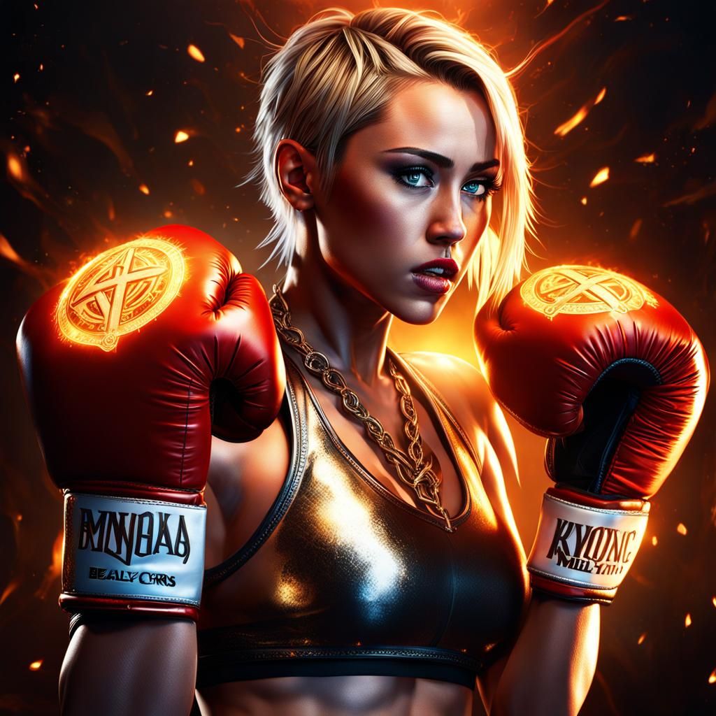 Miley Cyrus wearing boxing gloves with incandescent runic writings ...