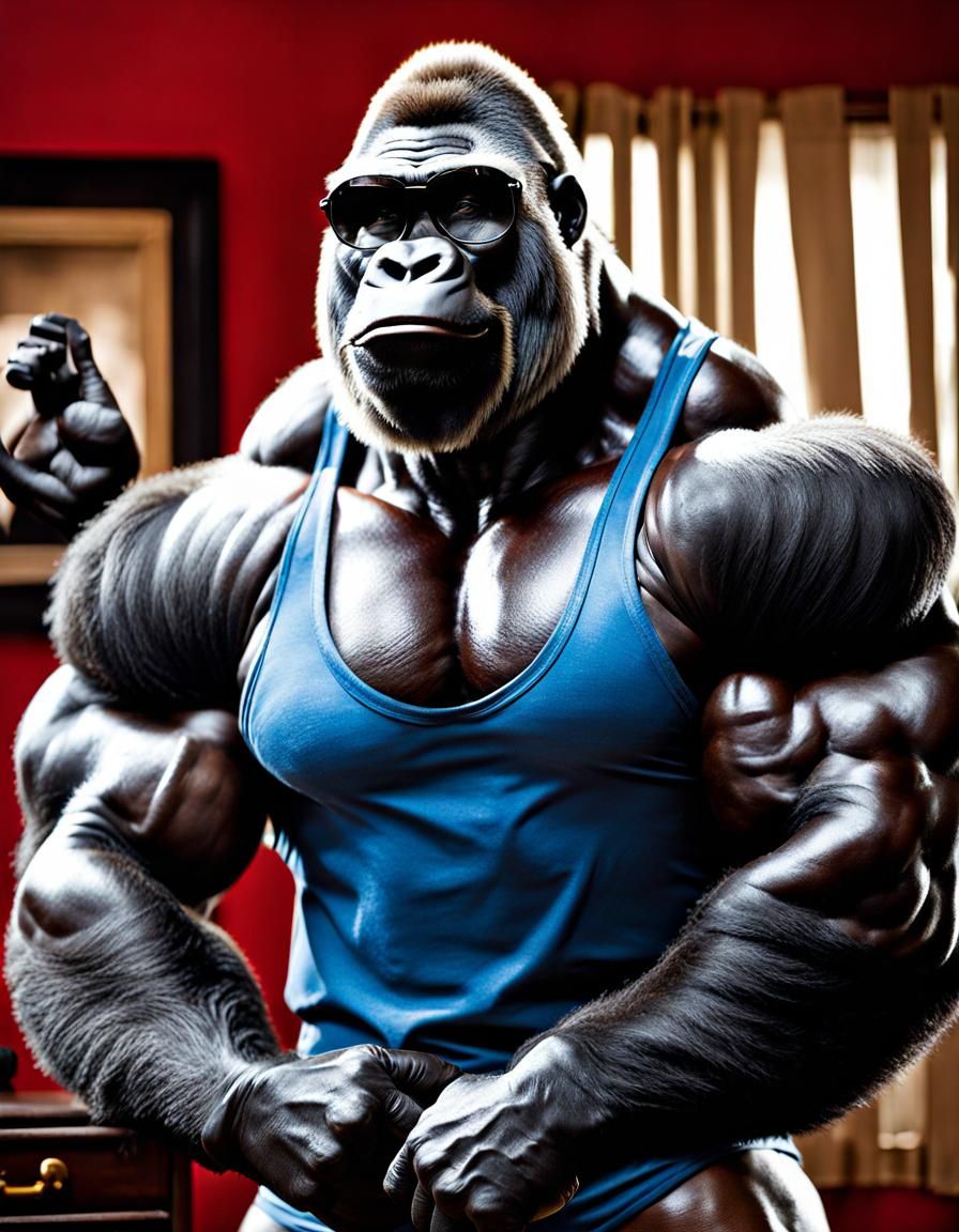 thigh up, Silverback Gorilla bodybuilder. Manly smile, Round glasses ...