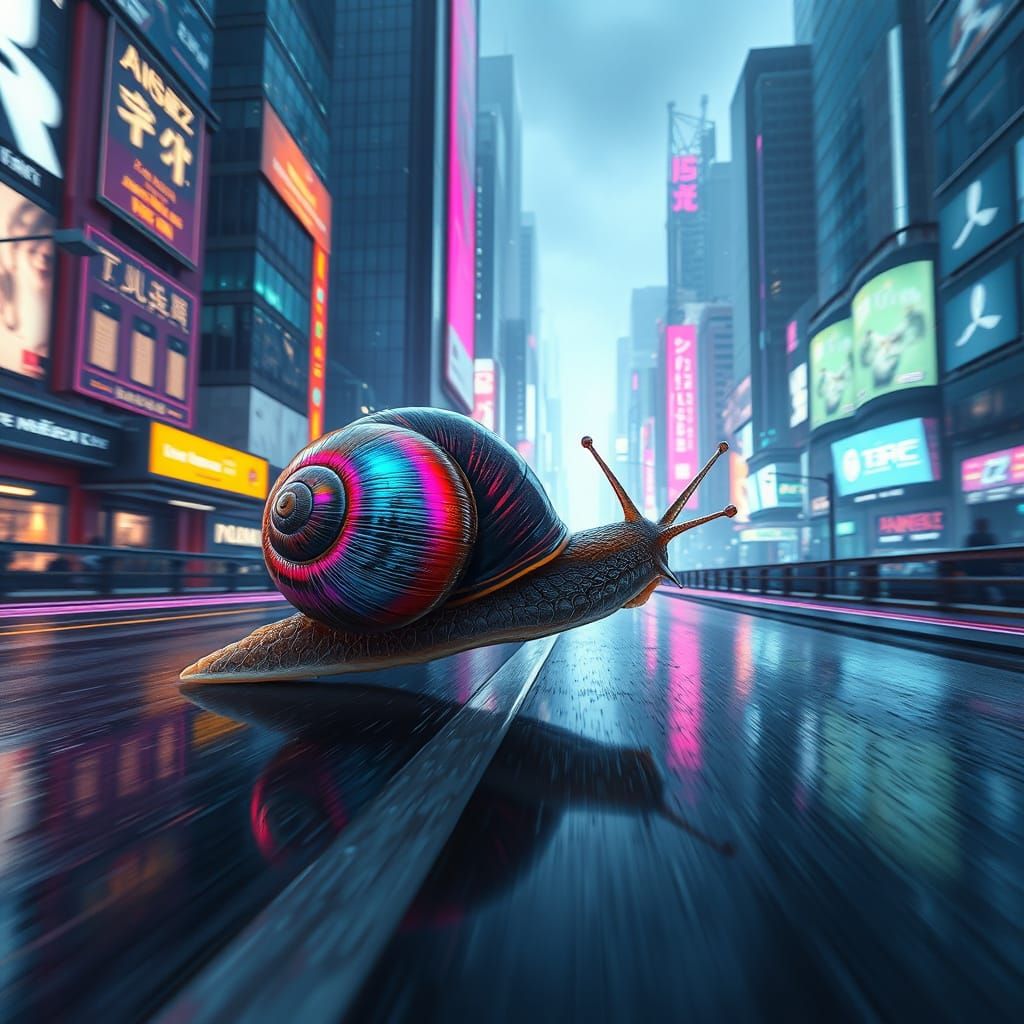 Turbocharged Snail Speeds Down Futuristic Highway - AI Art