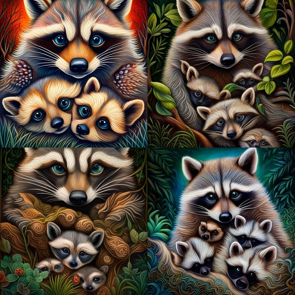 a beautiful portrait of a giant raccoon with two babies,under glass ...