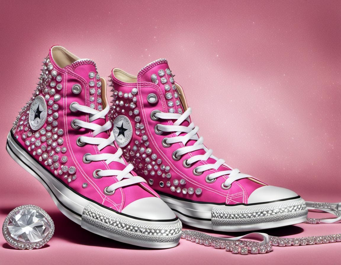 A photorealistic photograph of a pair of pink Converse All Star shoes ...