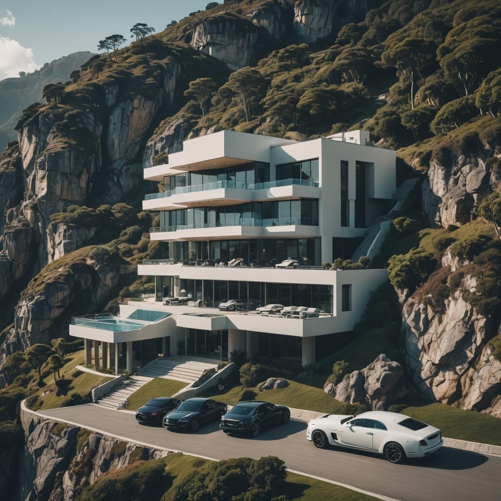 A Cliffside mansion, very modern and huge, with balconies and ...