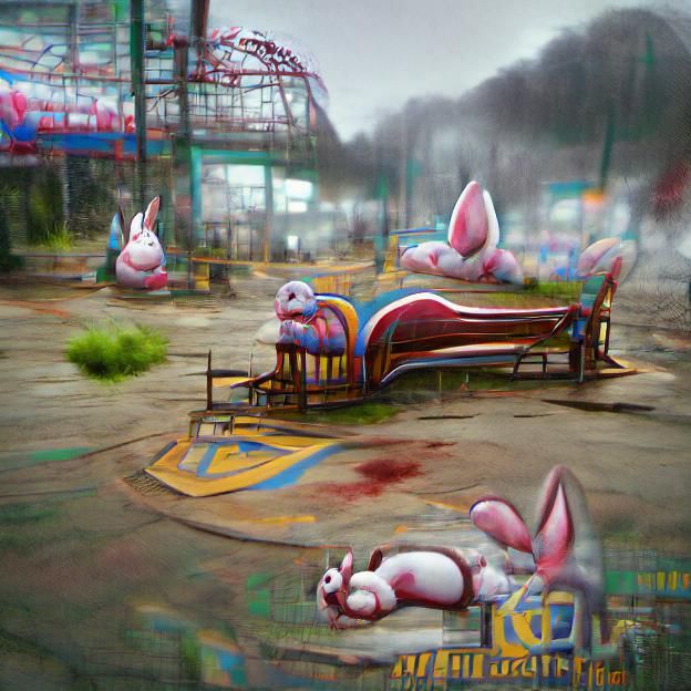 Silent Hill Amusement Park with bloody bunny mascot slumped on a bench ...