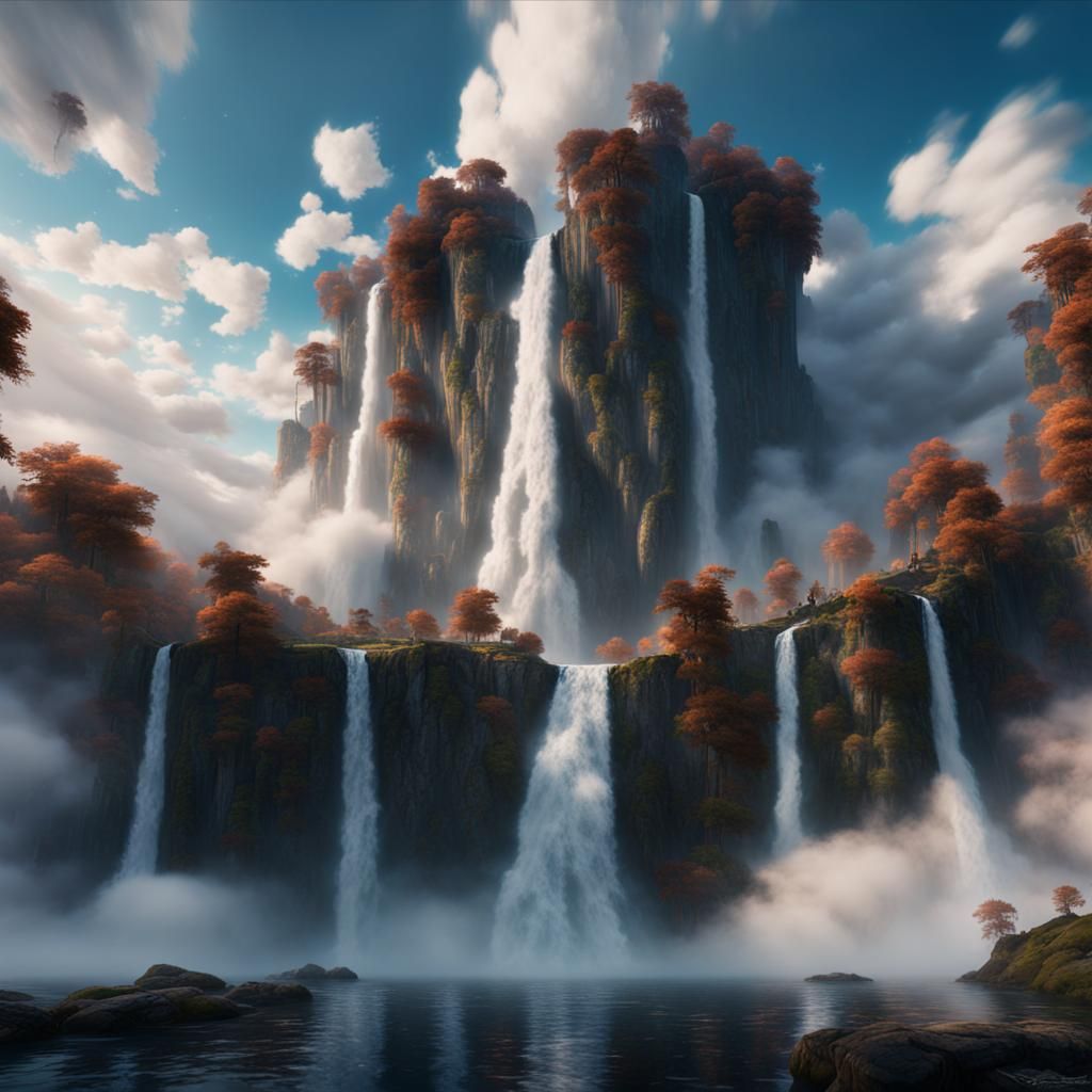 Waterfalls flowing upwards into clouds - AI Generated Artwork ...