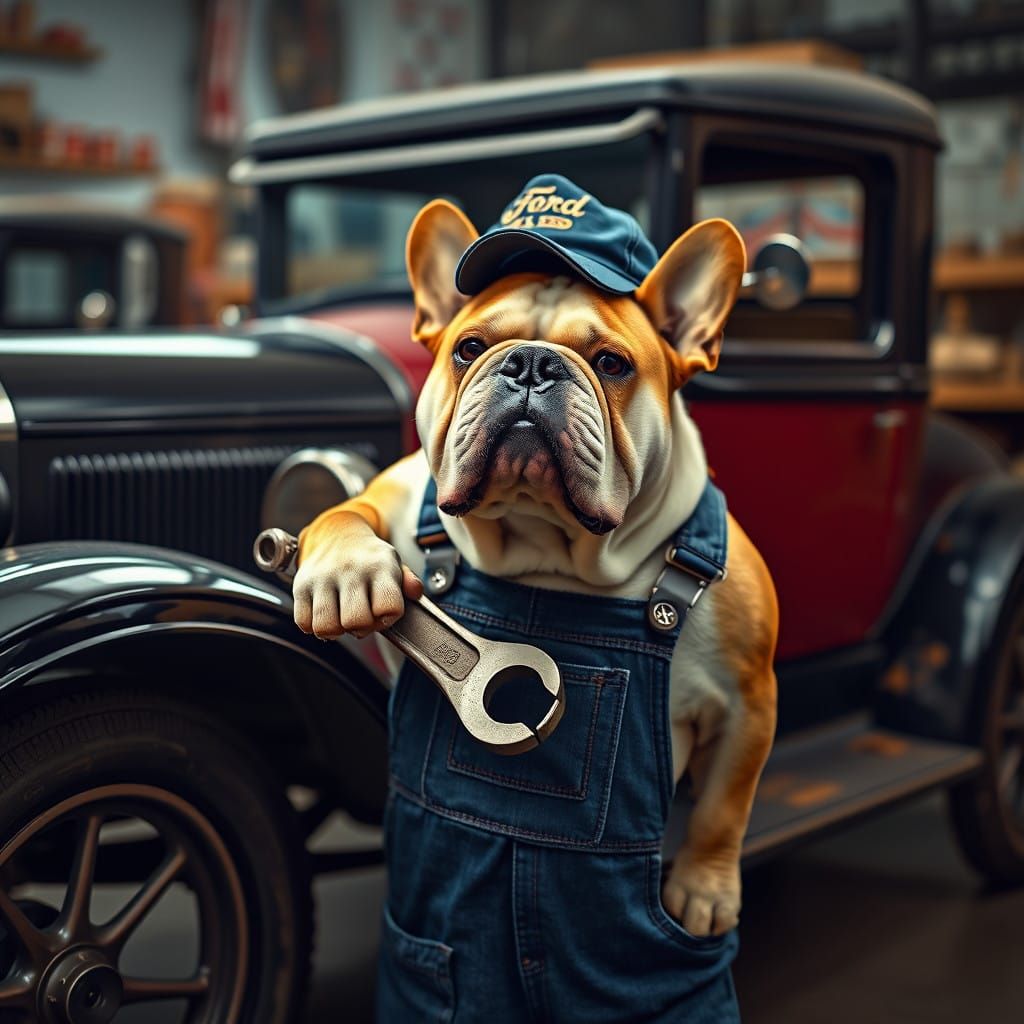 Bulldog Mechanic - Vibrant Vintage Bulldog Garage Scene in C...