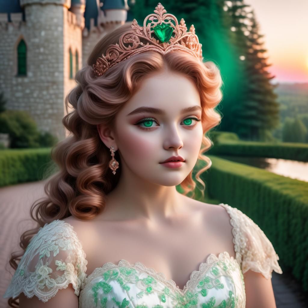 Beautiful princess with rose gold long curls, emerald green eyes, lace ...