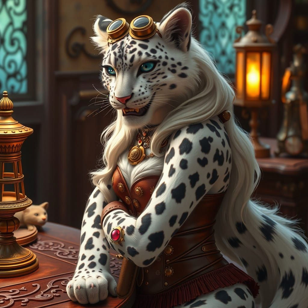 Anthropomorphic Snow Leopard in Steampunk Attire - AI Art