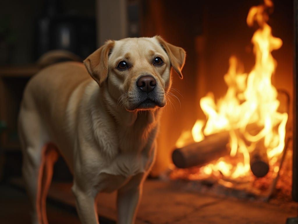 Cinematic Dog by Warm Fireplace in Rich Golden Lig... - AI Art