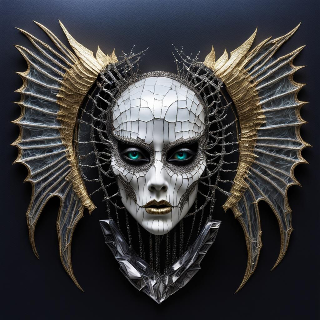 fine art, broken crystal mirror reflection of an photograph of a half goddess, half demon woman ...