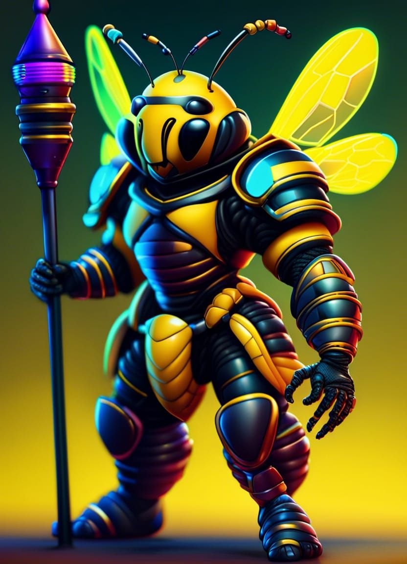 A bee with an spear. Wearing high caliber neon armour. 8k resolution ...