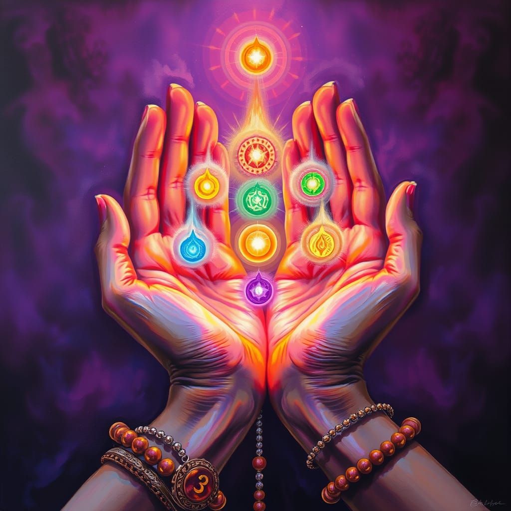 Ethereal Hands Cradle Vibrant Chakras in Soft, Dre... - AI Art