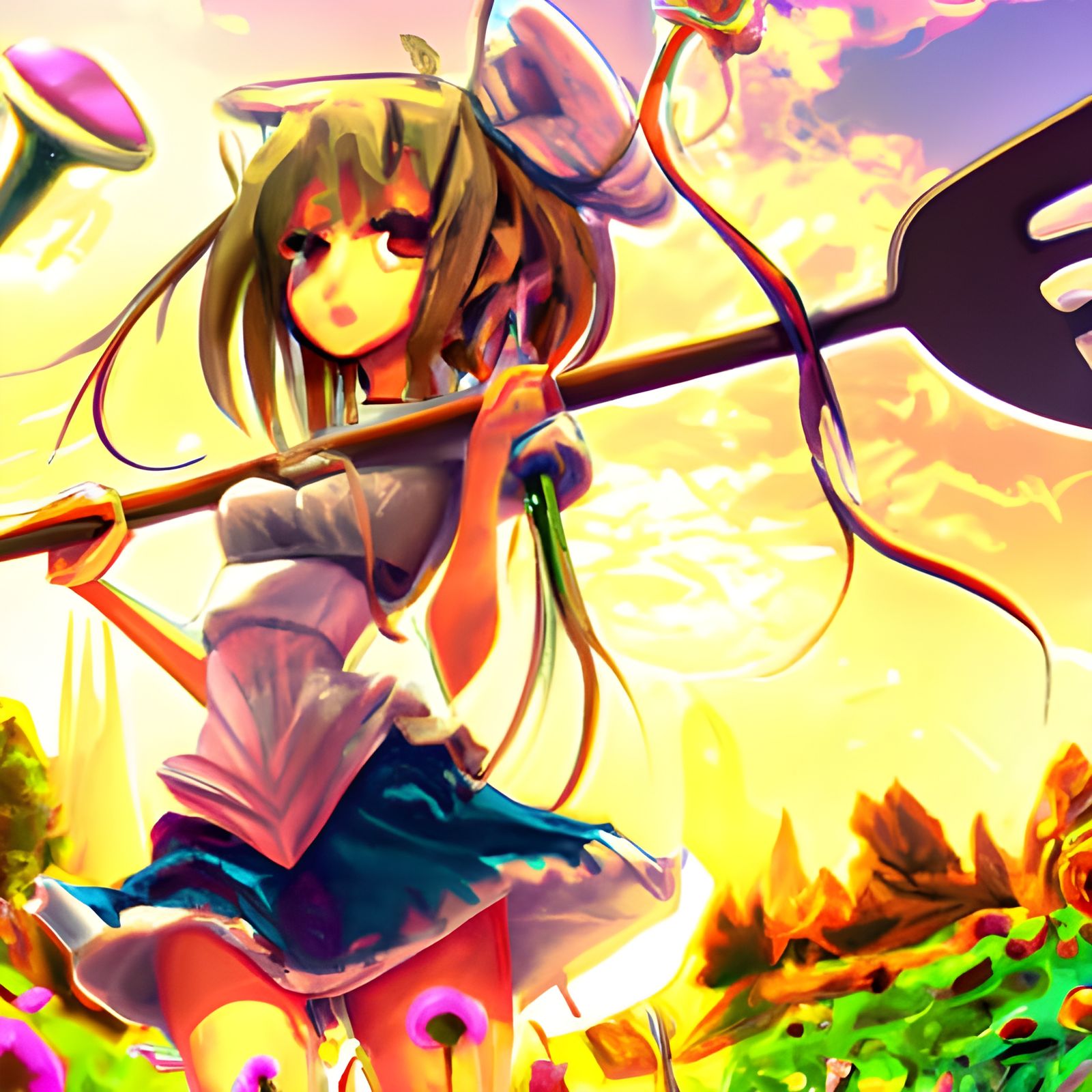 Anime girl holding a psychedelic RAKE Anime Girl with rake in mushroom ...
