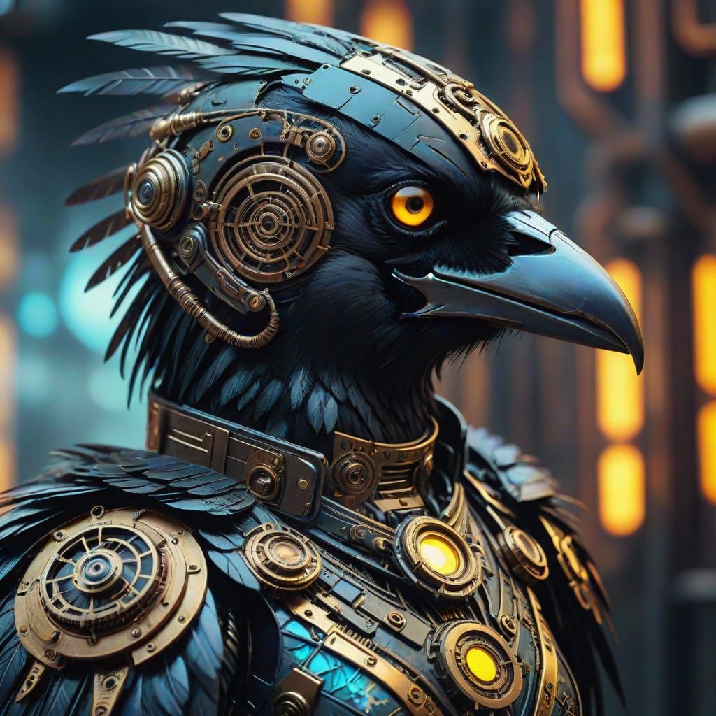Cybernetic Steampunk Raven Woman in Dark Fantasy A... - AI Art