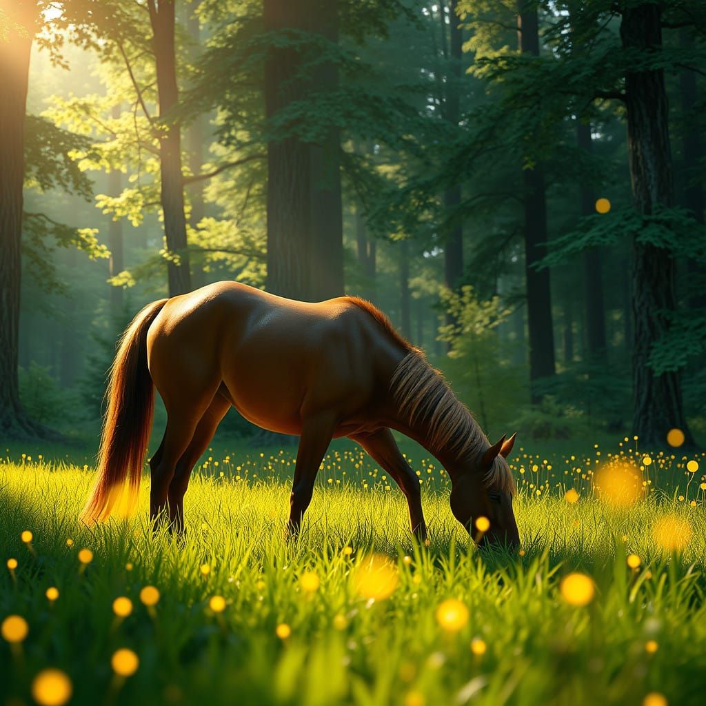 Enchanted Forest Dreamscape with Majestic Brown Ho... - AI Art