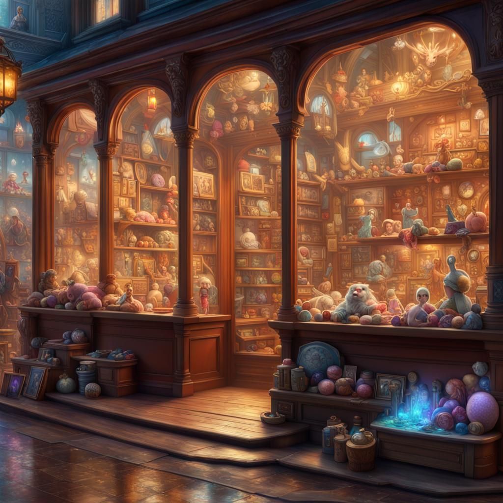 Panorama of an ethereal INTRICATELY DETAILED magical TOY STORE WINDOW ...
